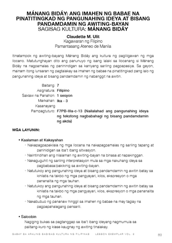 Lesson Exemplar – CulturEd: Philippine Cultural Education Online